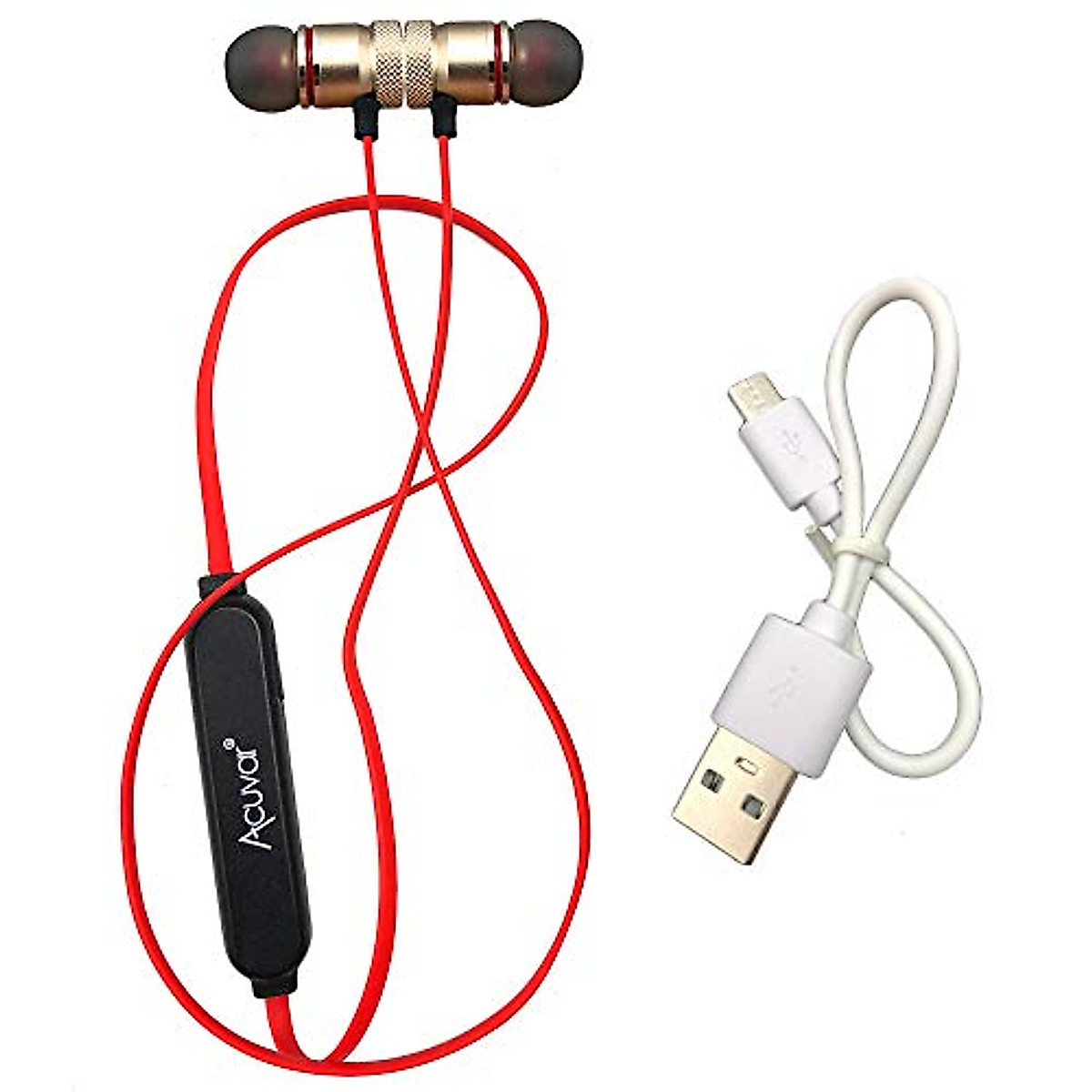 Acuvar Wireless Magnetic Rechargeable Ear Buds, in line mic, Volume, Play/Pause Controls (Gold/Red)