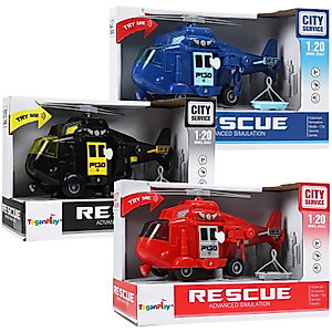 Helicopter Toys for Boys [3 Pack] | Kids Rescue Play Set Friction Powered with Realistic Lights & Sounds | Includes Police, Fire & Rescue Team