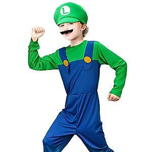 Tappkice Kids Brothers Odyssey Plumber Costume Red Green Jumpsuit Overall with Hat Moustache Halloween Cosplay Game Outfit (Green, 140)