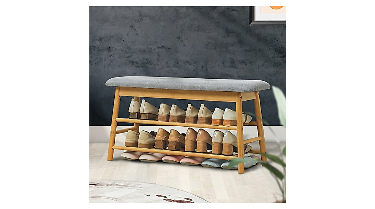 MoNiBloom 2 Tier Shoes Bench, Bamboo Upholstered Shoe Rack Entryway ...