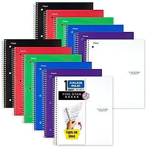 Five Star Spiral Notebooks + Study App, 12 Pack, 1 Subject, College Ruled Paper, 8-1/2" x 11", 100 Sheets, 2 Black, 2 Red, 2 Blue, 2 Green, 2 White, 2 Purple (52164)