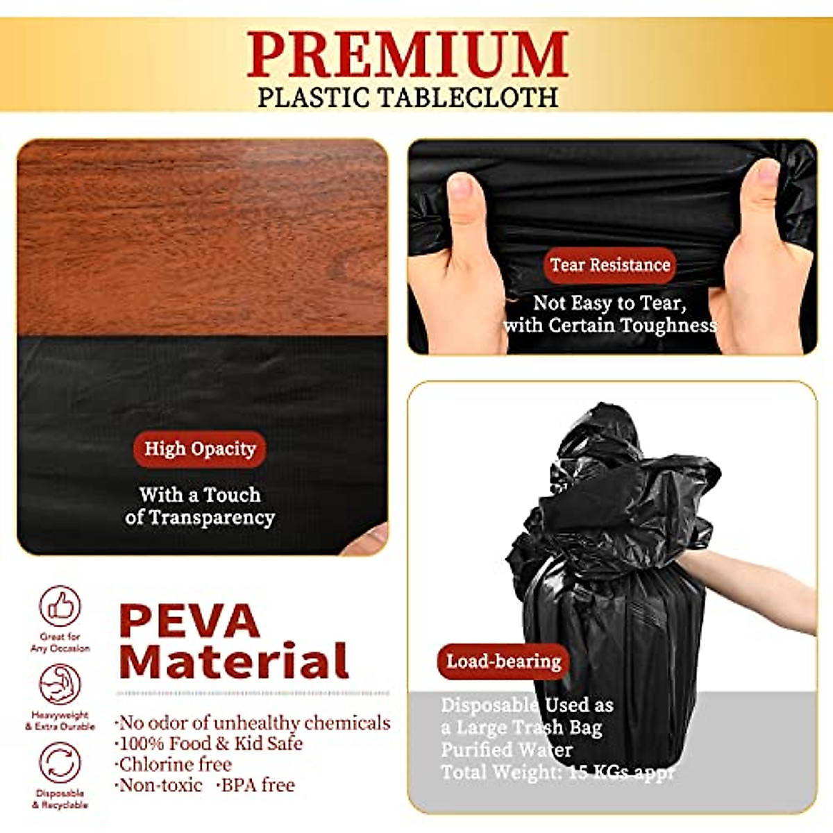 6 Pack Round Plastic Tablecloth 84" Black Disposable Table Covers Waterproof Circle Party Table Cloths for Round Tables and 6 Pack 12"x108" Rose Gold Satin Table Runners for Parties Birthday Picnic