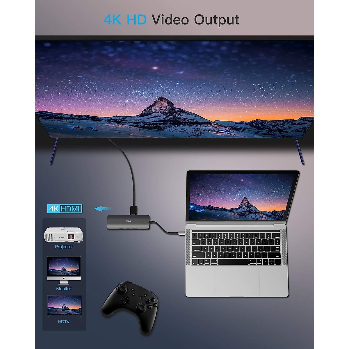 MSVII USB C Hub, 9 in 1 USB Type C Adapter with Ethernet, 4K USB C to HDMI, 3 USB 3.0 Ports, SD/TF Card Reader, 3.5mm Audio Jack, PD Fast Charging for Mac Book Pro and Other Type-C Laptops
