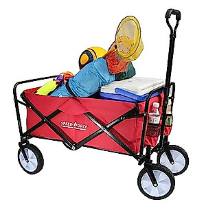 SPEEDFORCE Collapsible Folding Wagon, Utility Beach Wagon Cart, Side Pockets and Adjustable Handlebar, All Terrain Stroller Wagon for Outdoor Activities, Camping, Garden. Red