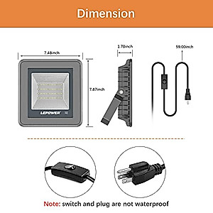 LEPOWER 50W LED Flood Light, 5000lm Work Light with Plug, Equiv 250W Halogen, 6000K White Light, IP66 Waterproof Outdoor Floodlight for Garage, Garden, Lawn, Basketball Court, Playground 2 Pack