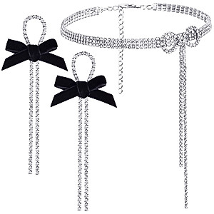 PAGOW 3pcs Rhinestone Silver Necklace Choker, Sparkly Crystal Bling Black Bowknot Earring Pendant Set Diamond Chain Nightclub Wedding Brithday Party Valentine Jewelry Gift for Women