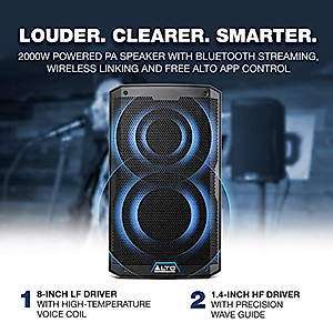 Alto Professional TS408 - 2000W 8" Powered PA Speaker with 3 Channel Mixer, Bluetooth Streaming, Wireless Loudspeaker linking, DSP and Alto App
