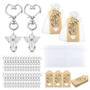 GWHOLE 30 Set of Crystal White Angel Design Keychain Favors Set, Angel Wing Pendant with Thank You Tags Drawstring Organza Bag Guest Return Gifts for Baptism Favors, Baby Shower