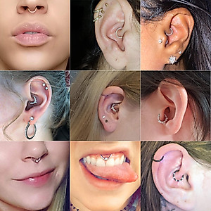 Drperfect Daith Earrings 16G Stainless Steel Cartilage Helix Tragus Nose Hoop Piercing Jewelry 8MM Silver CZ Hinged Septum Clicker Rings