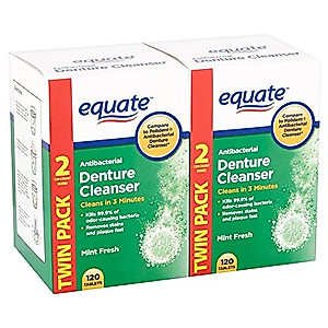 Denture Cleaner Tablets Equate Fresh Mint 240 Count Bundle with Dentu-Care Denture Brush for Maintaining Good Oral Care for Full/Partial Dentures