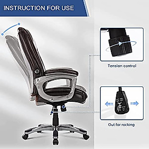 Home Office Chair Executive High Back Ergonomic Desk Chair Height Adjustable Managerial Rolling Swivel Chair with Adjustable Built-in Lumbar Support, Faux Leather, Dark Brown