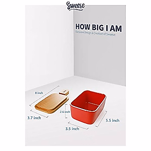Sweese 323.104 Butter Dish with Lid and Handle, Porcelain Butter Keeper and Extended Wooden Lid, Red
