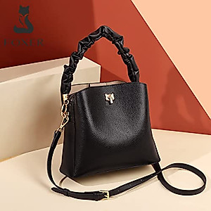 FOXER Women's Leather Shoulder Black Handbags, Purses for Women Crossbody Bag, Tote Bag Cute Split Cowhide Quilted Shoulder Purses (Black)