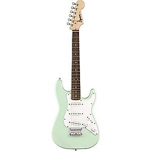 Fender Squier 3/4-Size Kids Mini Strat Electric Guitar - Surf Green Bundle with Amplifier, Instrument Cable, Tuner, Strap, Picks, Fender Play Online Lessons, and Austin Bazaar Instructional DVD