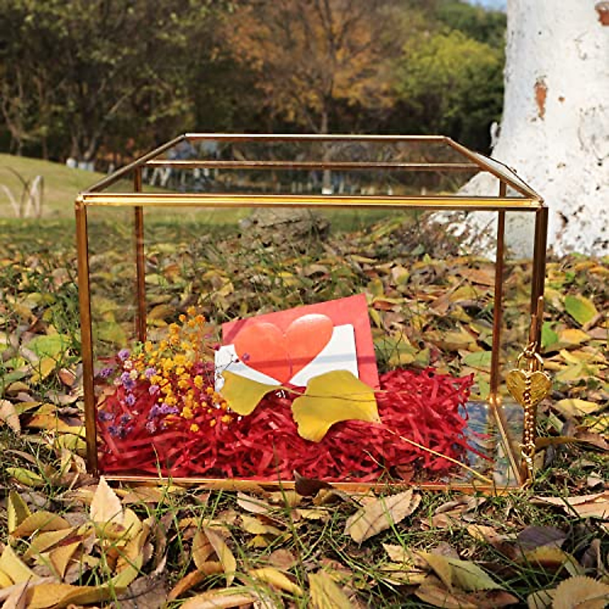 QLQSIMON 10.2'' Handmade Gold Geometric Terrarium - Glass Wedding Card Box with Slot and Lock- Large Clear Display Box for Wedding Reception, Wishwell, Keepsake