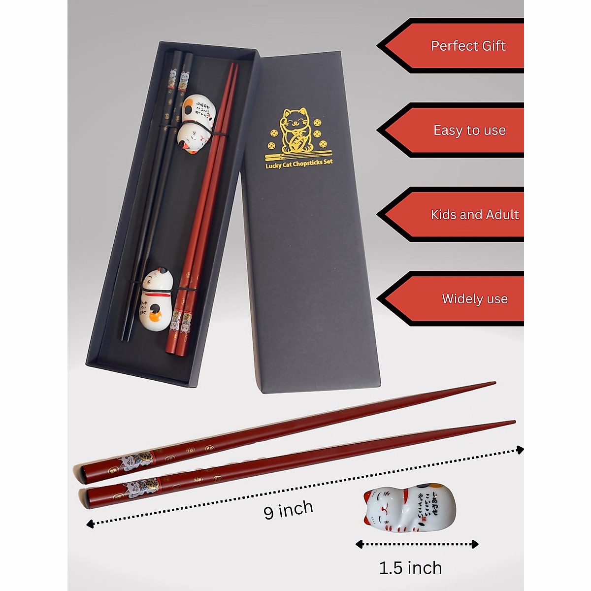 YAYA Oriental Kawaii Cat Chopstick Rest anad Holder Lucky Cat Gift Set 2 Pairs Chopsticks Cute Japanese Cat Holders Resuable Chopsticks