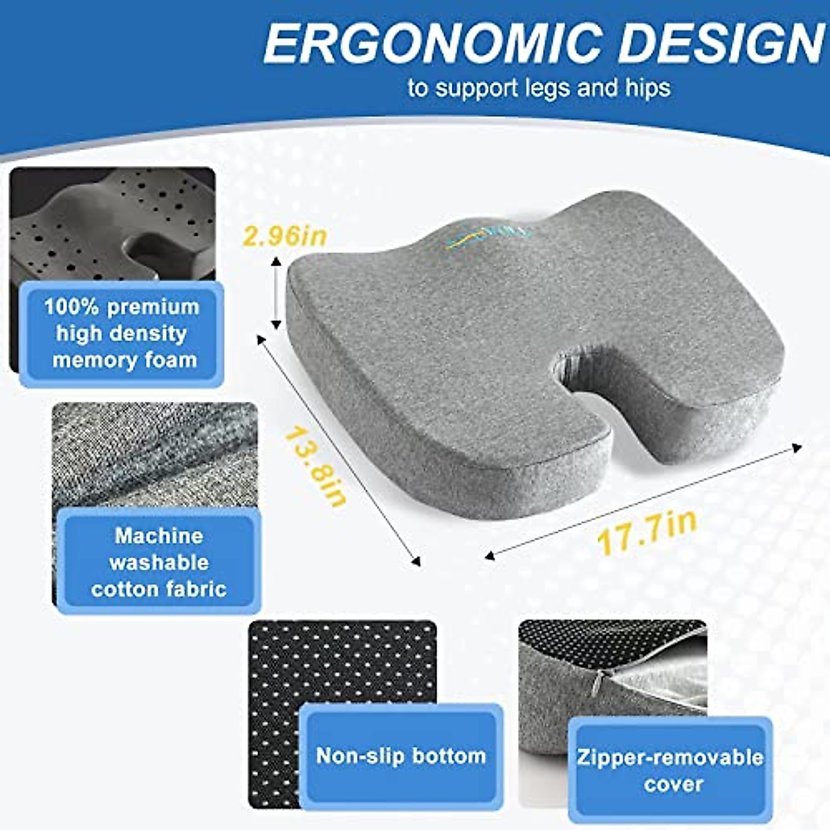AEEVOLL Memory Foam Seat Cushion Pillow for Office Chair - Butt, Sciatica, Coccyx, Back, Tailbone & Lower Back Pain Relief - Orthopedic Chair Pad for Car, Wheelchair, Computer and Desk Chair