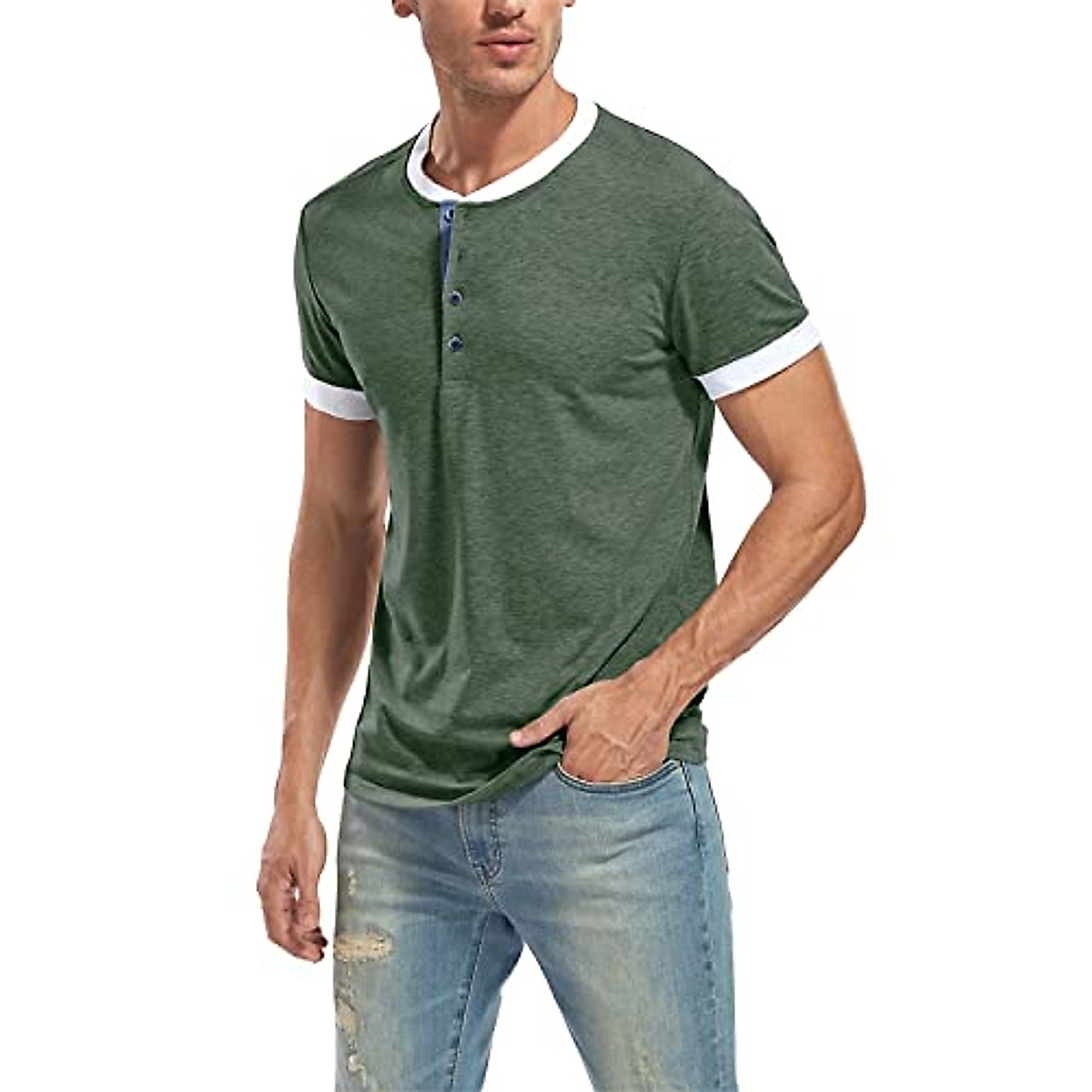 YeeHoo Men's Henley Short Sleeve Slim-Fit Casual T-Shirts with Button Placket Green
