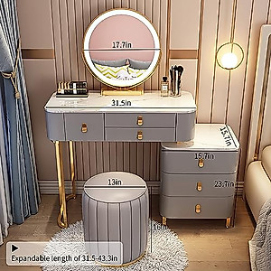 Winfree Makeup Vanity Table with 5 Solid Wood Drawers and Vanity Chair, 3 Color Light Adjustable Brightness, Including LED Makeup Mirror,for Family Bedroom, for Her (31.5“)