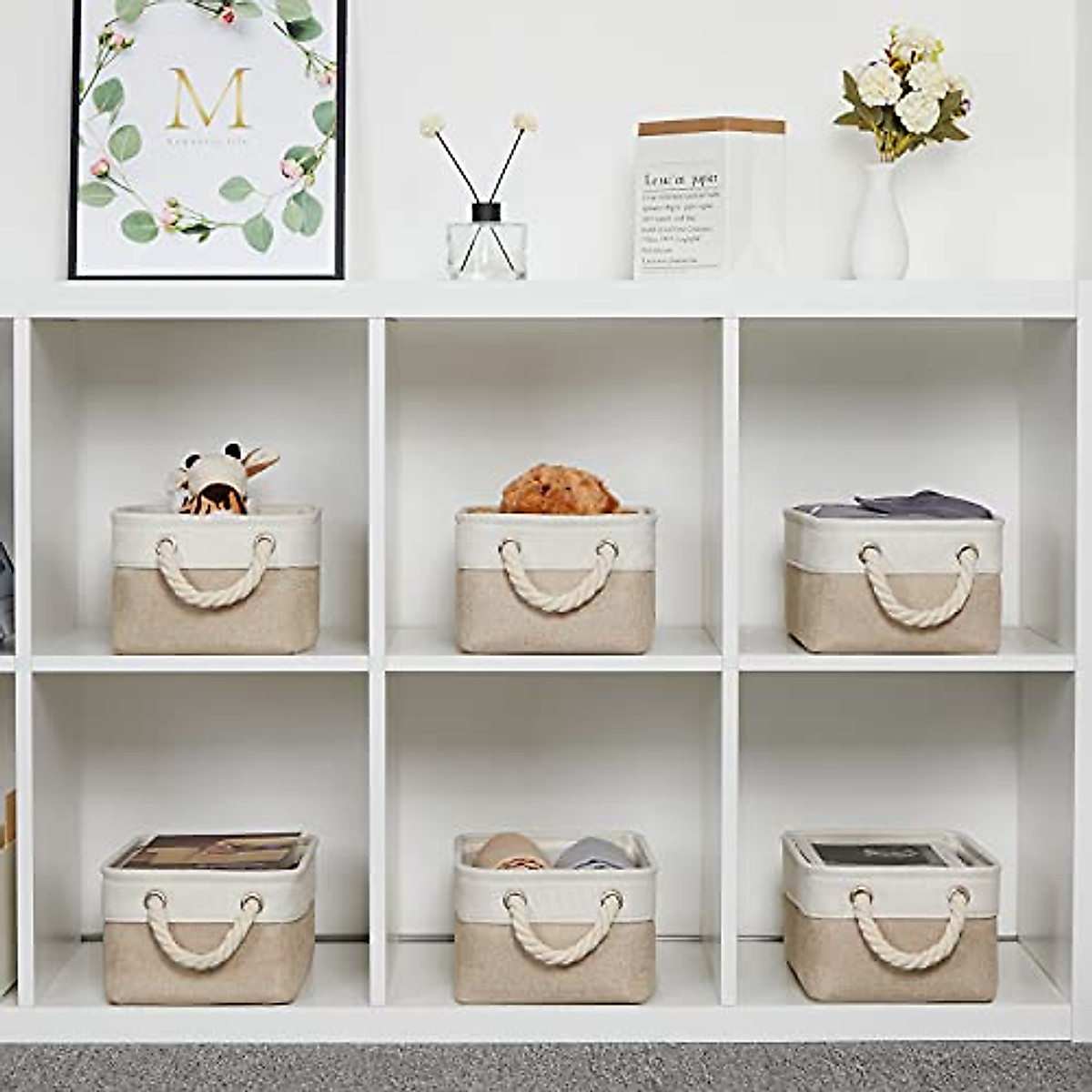 Temary Small Fabric Storage Baskets 6 Pcs Decorative Baskets Bins for Gifts Empty Foldable Storage Baskets with Handles for Organizing Shelf, Towels, Toys (White&Khaki,11.8 L x 7.9 W x 5.3 H inches)