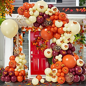Bonropin 193pcs Fall Balloons Arch Garland Kit with Pastel Yellow Orange Burgundy Gold Confetti Balloons Maple Leaves for Fall Birthday Party Baby Shower Autumn Thanksgiving Friendsgiving Decorations