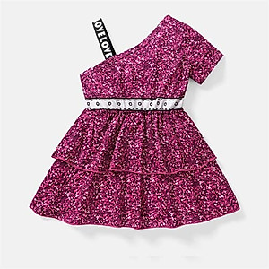 L.O.L. Surprise! Girls Tiered Dress Figure Print Layered One Shoulder Casual Dress Flowy Summer Dress Size 6-12 Deep Magenta 7-8 Years
