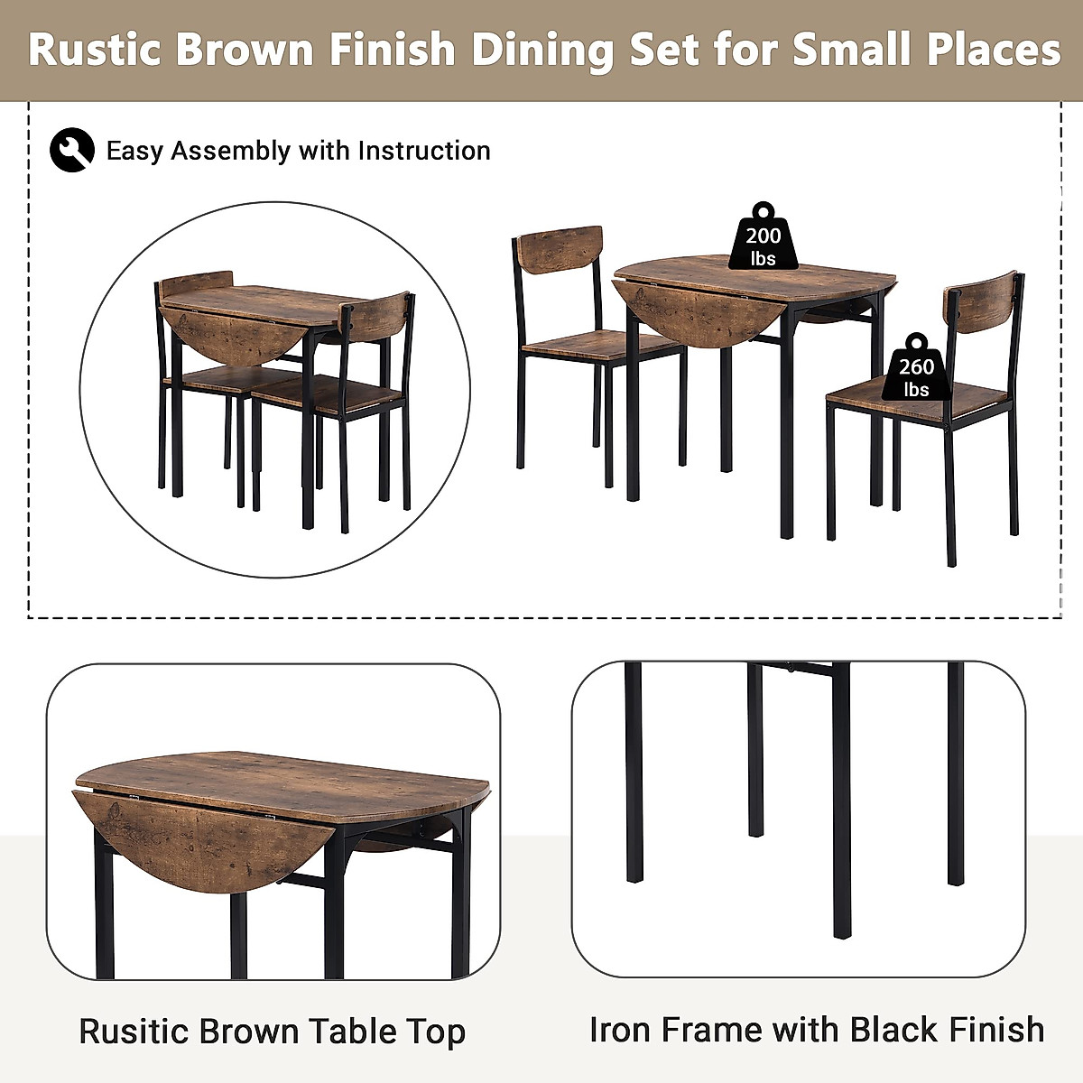 3 Piece Kitchen and Dining Furniture Set with Drop Leaf Table and 2 Chairs,Modern Round Dining Table,Suitable for Small Restaurants (Rustic Brown#)