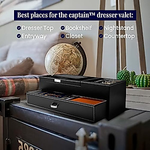 HOUNDSBAY Valet Tray and Nightstand Organizer - Hand Crafted EDC Tray with Phone Area, Cable Cutaway, Drawer – Durable, Scratch Resistant Materials - Compact Footprint with Ample Storage - Valet Box