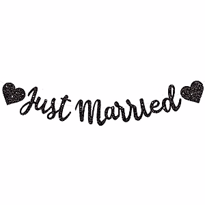 BEISHIDA Black Just Married Banner - NO DIY, Glitter Wedding Party Banner,Just Married Signs, Bachelorette/Bridal Garland,Engagement Party Decor Supplies, Wedding Reception Party Decorations.