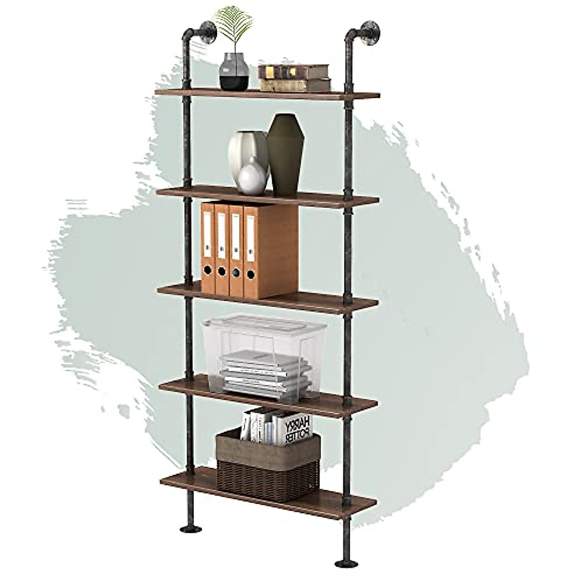 MCleanPin Industrial Shelves Ladder Bookshelves 73in Height 5 Tier Wall Mounted Bookcase, Display Storage Rack Plant Flower Stand Rustic Wood Shelves for Home Office, Bedroom, Kitchen,Living Room