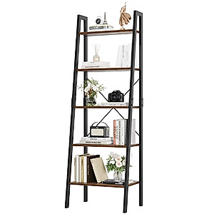 FINETONES 5-Tier Ladder Shelf, Ladder Bookshelf Bookcase with Metal Frame, Plant Rack Display Shelf Accent Furniture for Home Office, Black/Rustic Brown