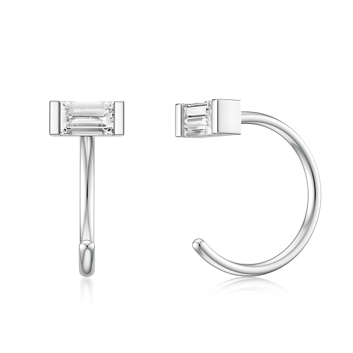 SEVENWELL Hug Half Hoop Earring, Baguette Cut Cubic Zirconia 925 Sterling Silver Open Hoop Earring