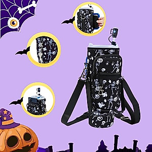ZOYEPIN Halloween Water Bottle Carrier Bag with Pouch, Durable Stanley Carrier for Stanley 40 oz Tumbler with Handle, with Extra One Blind Box Straw Cover, Stanley Cup Accessories for Travelling