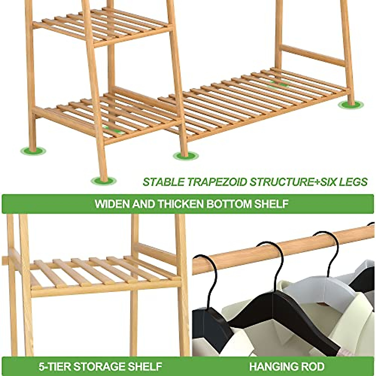 43.5" Bamboo Clothing Garment Rack Free Standing Clothes Coat Hanger Rolling Closet Organizer Shoe Rack Wardrobe Storage Hall Tree Entryway Living Bedroom Office Storage Shelves Clothes Hanging Rack