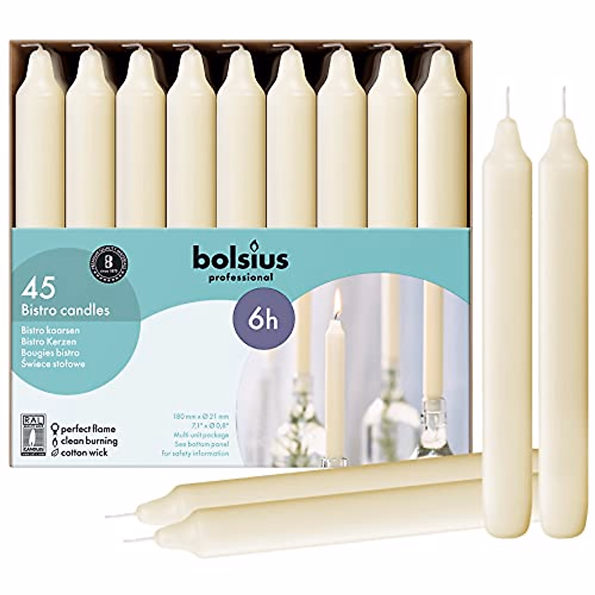 BOLSIUS Ivory Household Candles Bulk Pack 45 Count - Unscented Dripless 7 Inch Dinner Candlesticks - 6+ Hours Burn Time - Premium European Quality - Consistent Smokeless Flame - 100% Cotton Wick