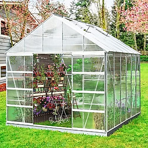 MELLCOM 12' x 10' x 10.3' Greenhouse for Outdoor, Outside Walk-in Hobby Green House for Plants with Polycarbonate Aluminum Frame, Adjustable Roof Vent and Sliding Door for Backyard Garden in Winter