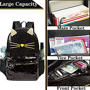 Meetbelify Backpack for Girls Backpacks Kids Sequin Bookbag for Elementary Preschool Student Laptop Bag with Lunch Box 16inch Cat