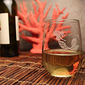 Rolf Glass Mermaid Stemless Wine Tumbler 17 ounce - Stemless Wine Glasses Set of 4 - Lead-Free Glass - Etched Tumbler Glasses - Made in the USA
