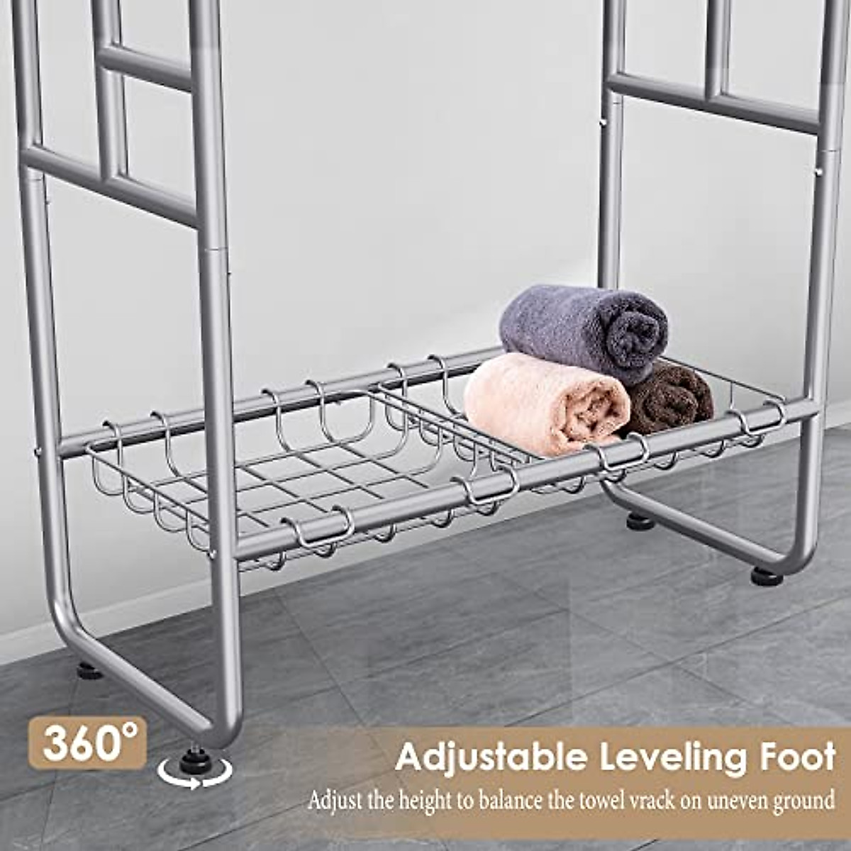40" H Standing Towel Rack with 2 Storage Baskets & 6 Hooks, 3 Tier Silver Metal Towel Holder for Extra Large Towel, Modern Industrial Blanket Ladder Display and Drying Rack for Bedroom Bathroom