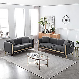 Homtique 2 Piece Sofas Set for Living Room, Modern Upholstered Sectional Loveseat and Sofa Set, Gold Metal Legs, 4 Pillows Included, Velvet Sofa Couch Furniture for Bedroom, Apartment, Office (Grey)