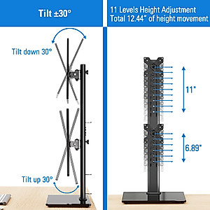 MOUNTUP Vertical Dual Monitor Stand, Stack Two Screens up to 32 inches,17.6 Lbs, Free-Standing Monitor Desk Mount, Monitor Riser with Swivel, Tilt, Height Adjustable, VESA Stand 100 x 100mm, 75 x 75mm
