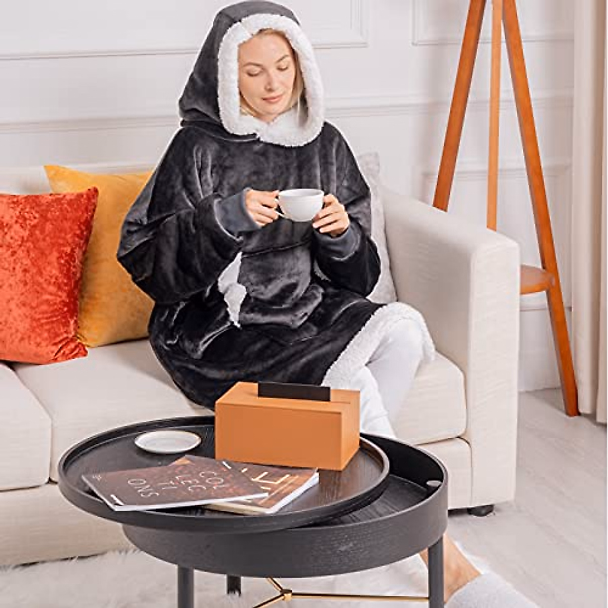RECYCO Oversized Wearable Blanket Hoodie for Women, Warm Cozy Soft Sherpa Fleece Hoodie Blanket for Men Adults, Thick Big Hooded Sweatshirt Blanket Black, Large Size