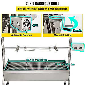 VEVOR 132 LBS Rotisserie Grill Roaster, 40W BBQ Small Pig Lamb Rotisserie Roaster, 50 Inch Stainless Steel Charcoal Spit Rotisserie Roaster Grill for Camping and Outdoor Barbecue