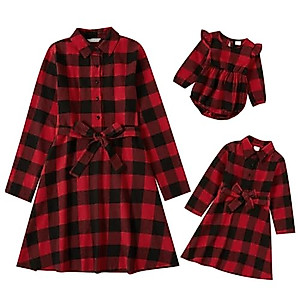 Mommy and Me Christmas Dresses Long Sleeve Green Red Black Buffalo Plaid Dress Fall Winter Santa Claus Xmas Holiday Party Gingham Mom Daughter Matching outfits Photoshoot Red Black Checkered 8-9 Years