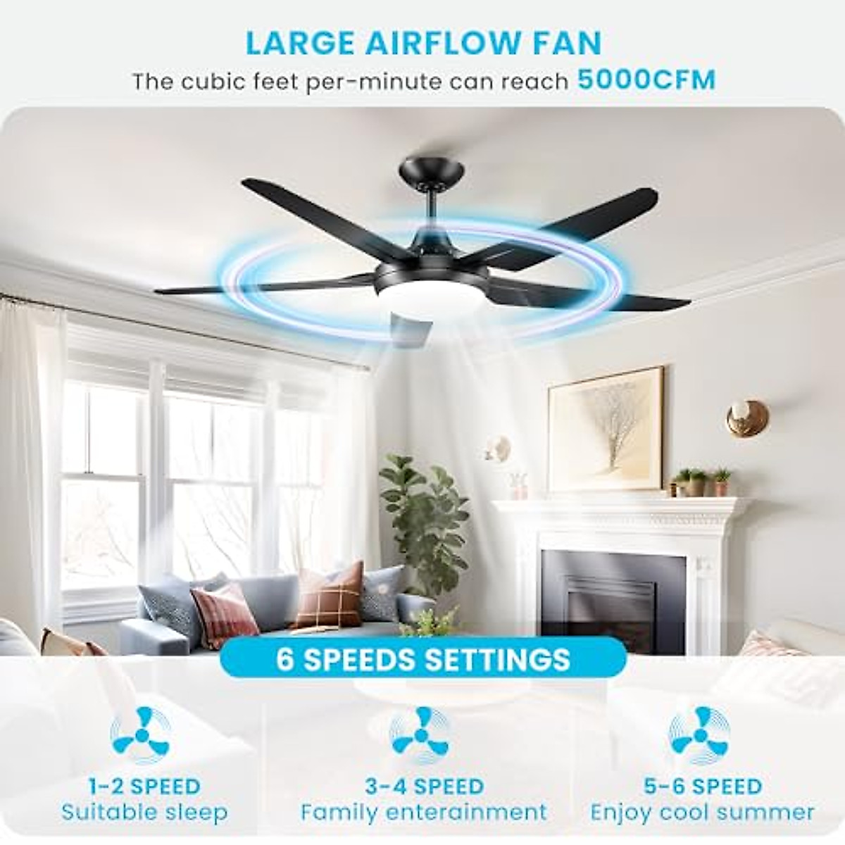 CJOY Ceiling Fan with Lights for Living Room, 53 Inch Modern Ceiling Fan with 5 Reversible Blades, Dimmable LED, Remote Controls, Black Ceiling Fan Bedroom, Outdoor Ceiling Fans for Patios, 6-Speed