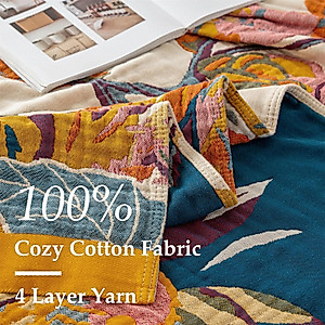 Boho Throw Blanket for Bed - 100% Cotton Ultra Soft Rustic Quilt - Floral Printed Farmhouse Decor Spring Bed Blankets,98"×98" All Season Rustic Throw for Sofa Couch Chair