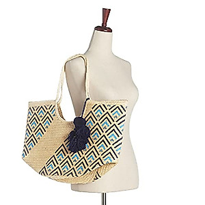 Olivia Miller Women's Fashion Maggy Natural Beige w Geometric Print Straw Jute Tote Bag w Top Handles, Medium Boho Casual Purse Handbag