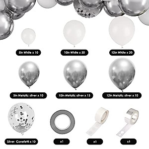 RUBFAC 105pcs White and Silver Confetti Balloons Garland Kit, White Metallic Silver and Silver Confetti Party Balloons for Birthday, Graduation, Wedding Party Decoration