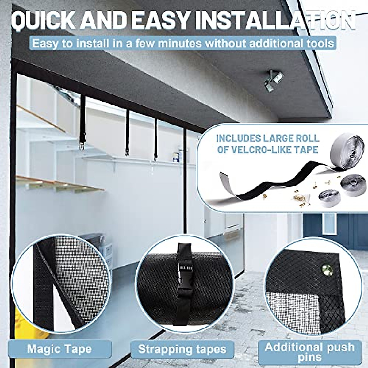 Golkcurx Garage Door Screen for 2 Car 16x7FT Garage Doors, Heavy Duty Weighted Bottom, Self-Sealing Fiberglass Mesh, Easy Assembly & Pass,Hands Free Magnetic Garage Door Screen,Black