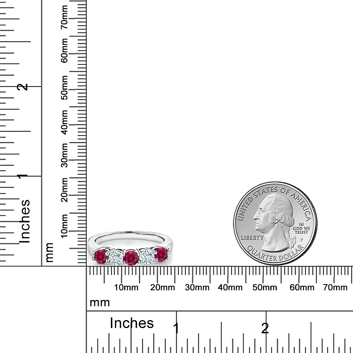 Gem Stone King 925 Sterling Silver Red Created Ruby and Sky Blue Aquamarine 5-Stone Wedding Anniversary Band Ring For Women (1.09 Cttw, Gemstone July Birthstone, Available In Size 5, 6, 7, 8, 9)